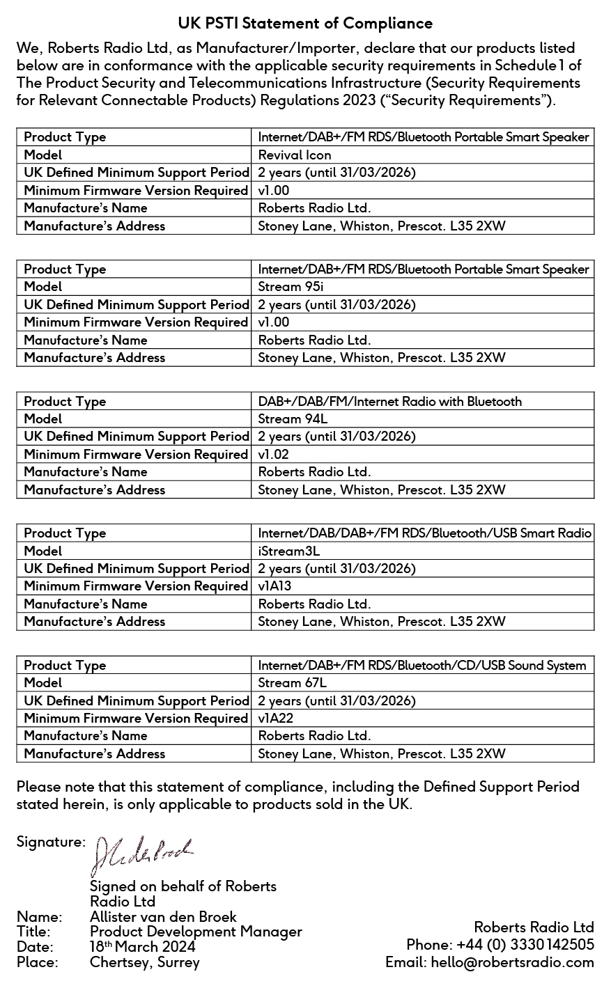 PSTI Statement of Compliance | Roberts Radio